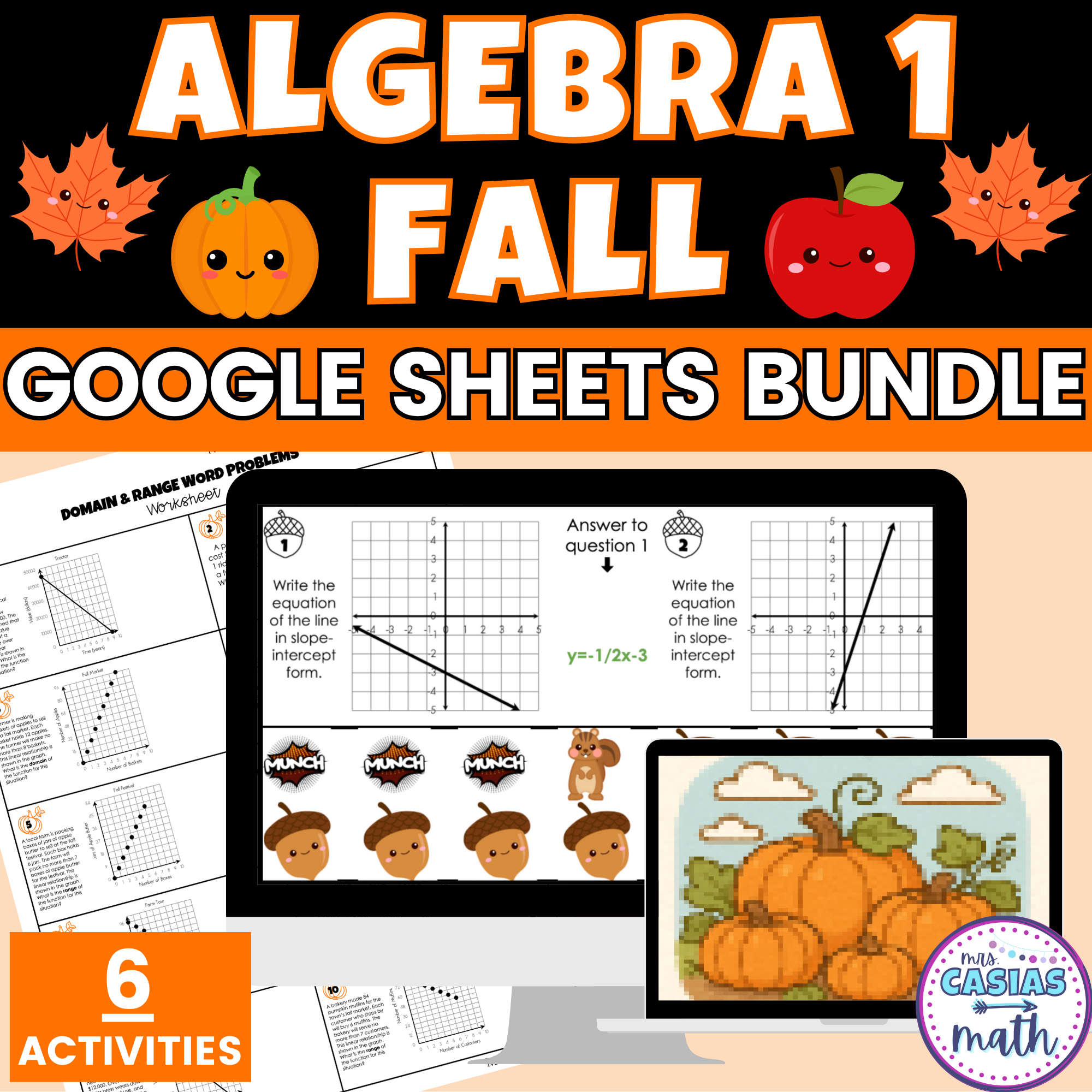 Fall Math Activities Algebra 1 Google Sheets and Worksheets BUNDLE ...