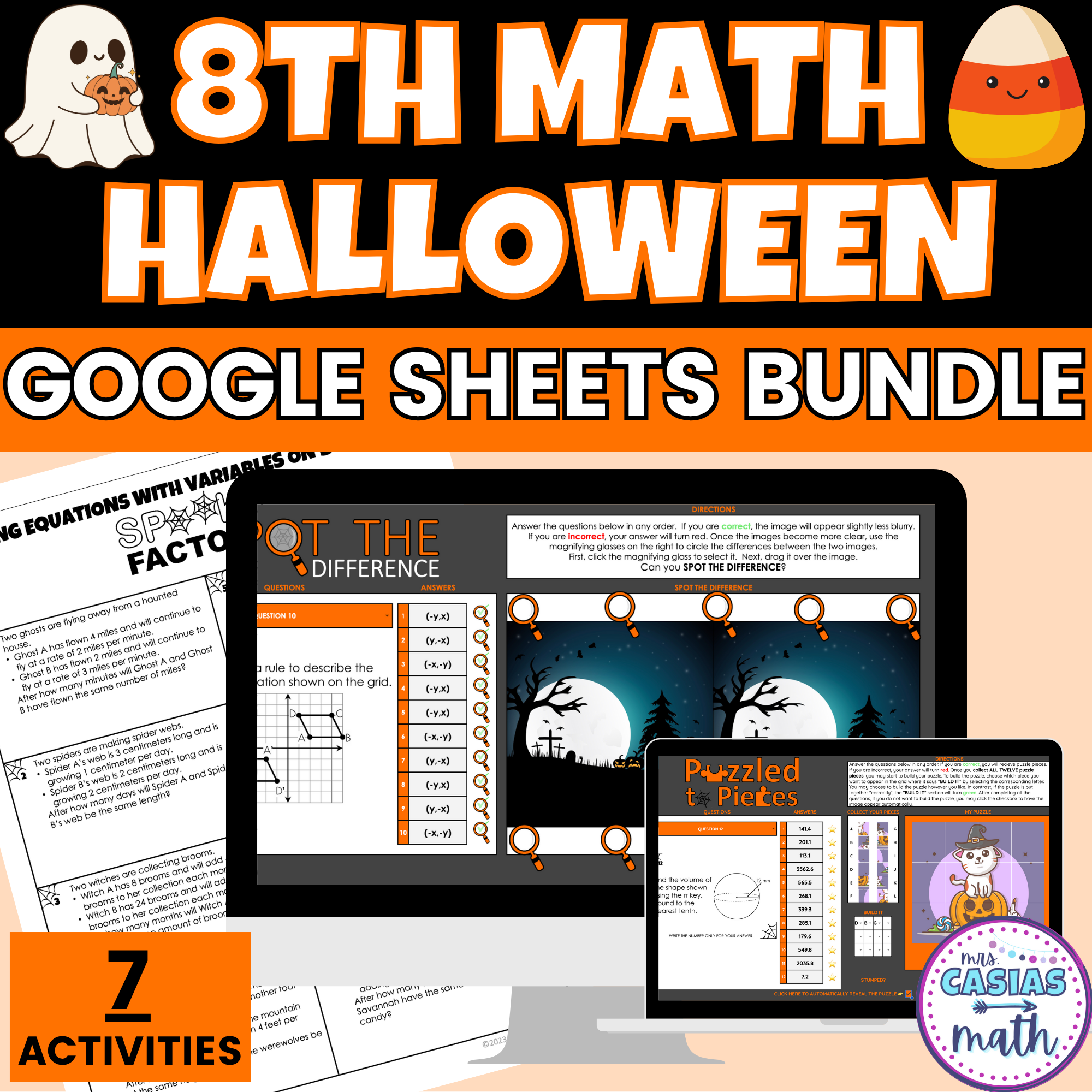 Halloween Math Activity Google Sheets and Worksheets BUNDLE 8th Math ...