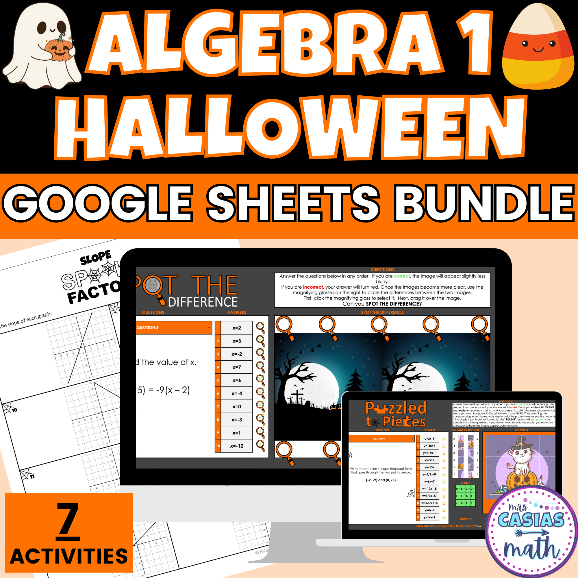 Halloween Math Activity Google Sheets and Worksheets BUNDLE Algebra 1 ...