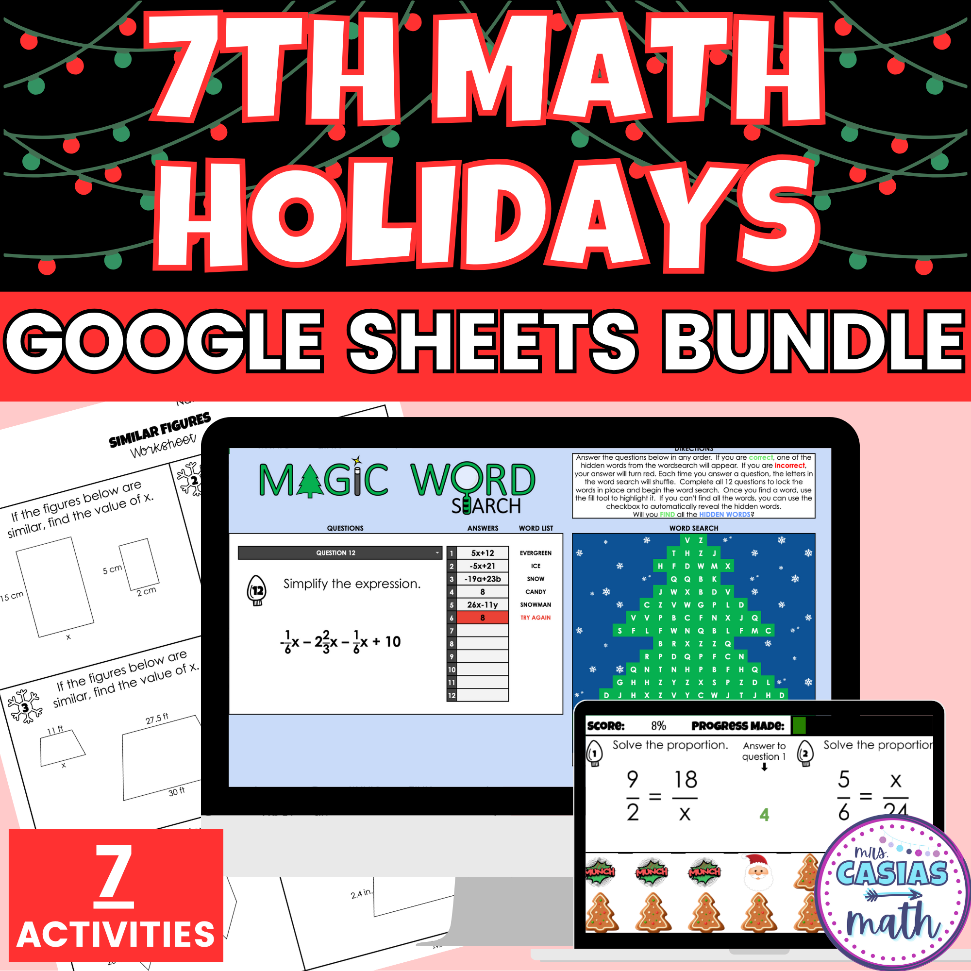 7th Grade Math Christmas Holiday Activities Digital and Worksheets BUN ...