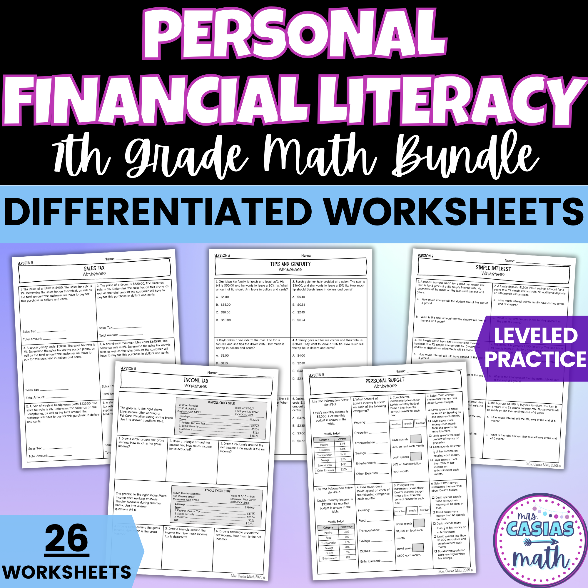 Personal Financial Literacy Differentiated Worksheets BUNDLE 7th Grade ...