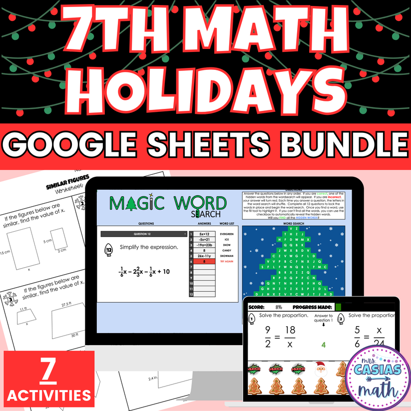 7th Grade Math Christmas Holiday Activities Digital and Worksheets BUN ...