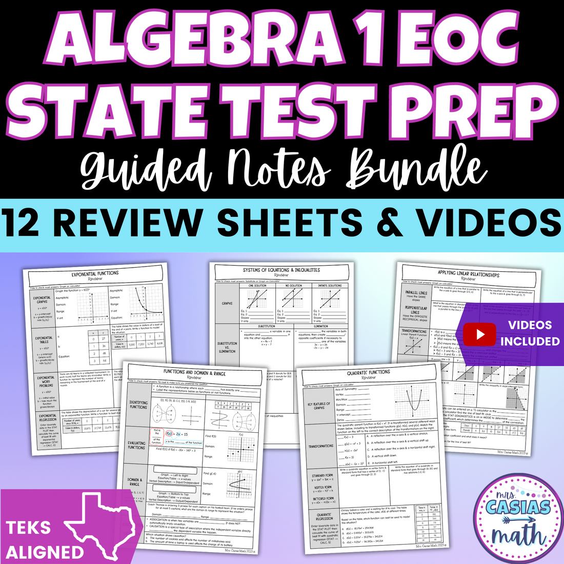 Algebra 1 EOC Test Review Sheets – Casias Math