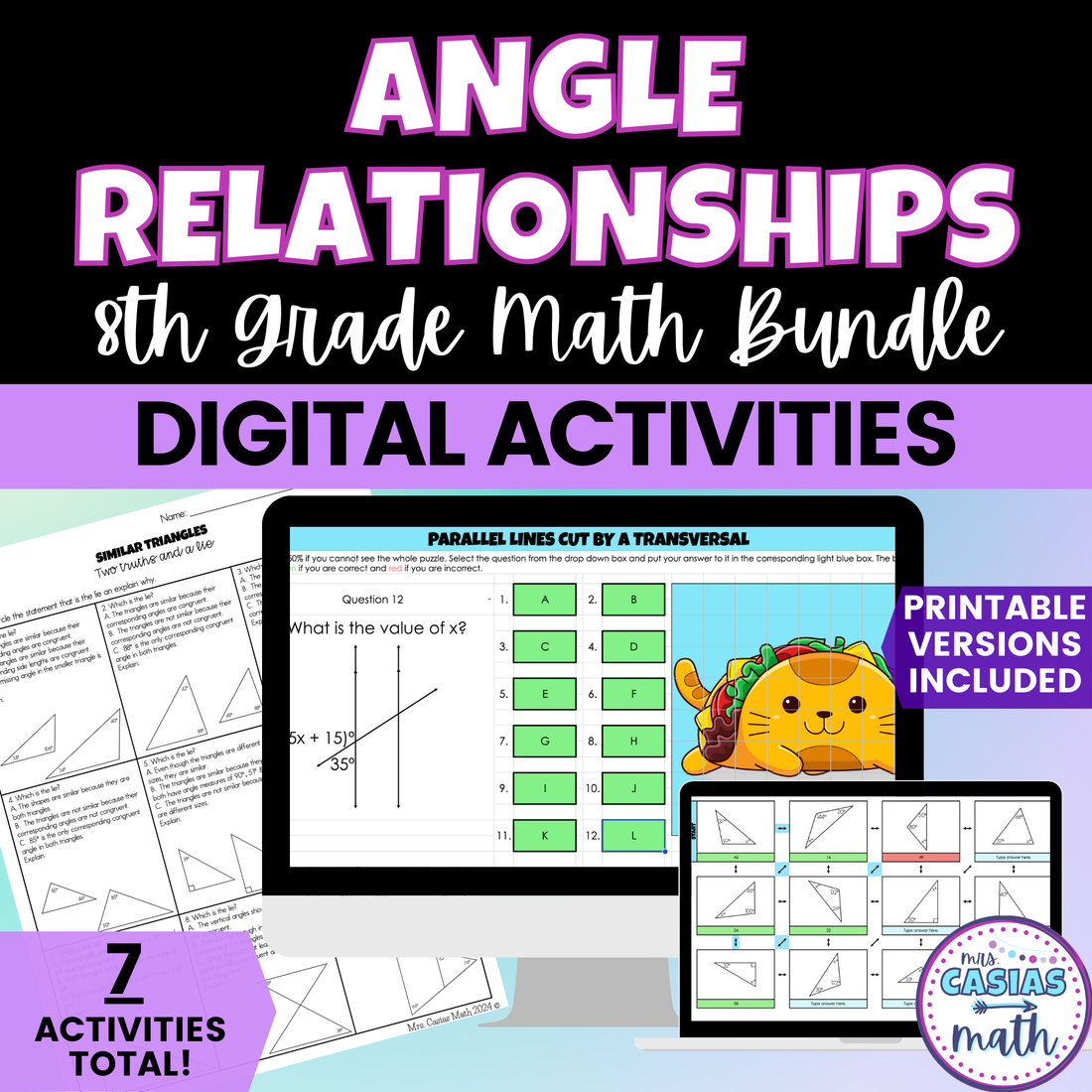 Angle Relationships Digital Activities and Worksheets 8th Grade Math ...