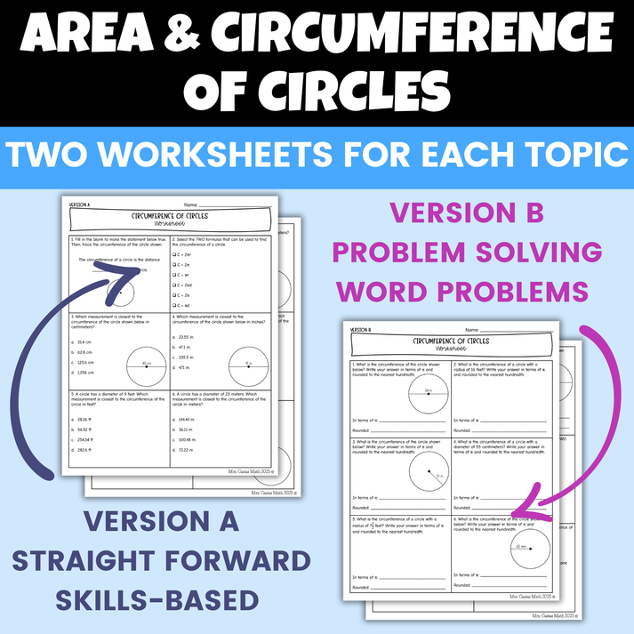 Area and Circumference of Circles Differentiated Worksheets BUNDLE 7th ...