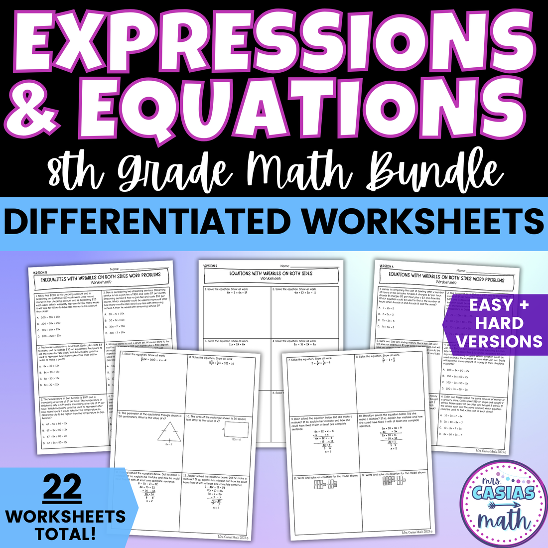 Expressions and Equations Differentiated Worksheets 8th Grade Math ...