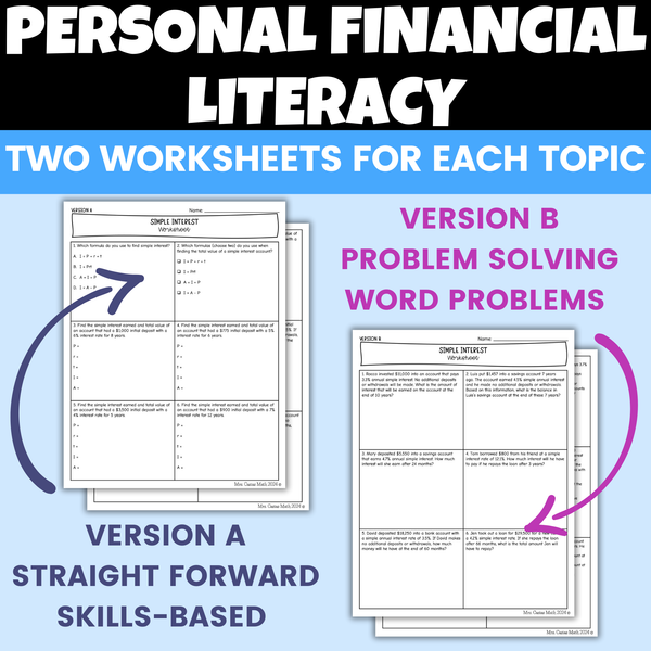 Personal Financial Literacy Differentiated Worksheets 8th Grade Math ...