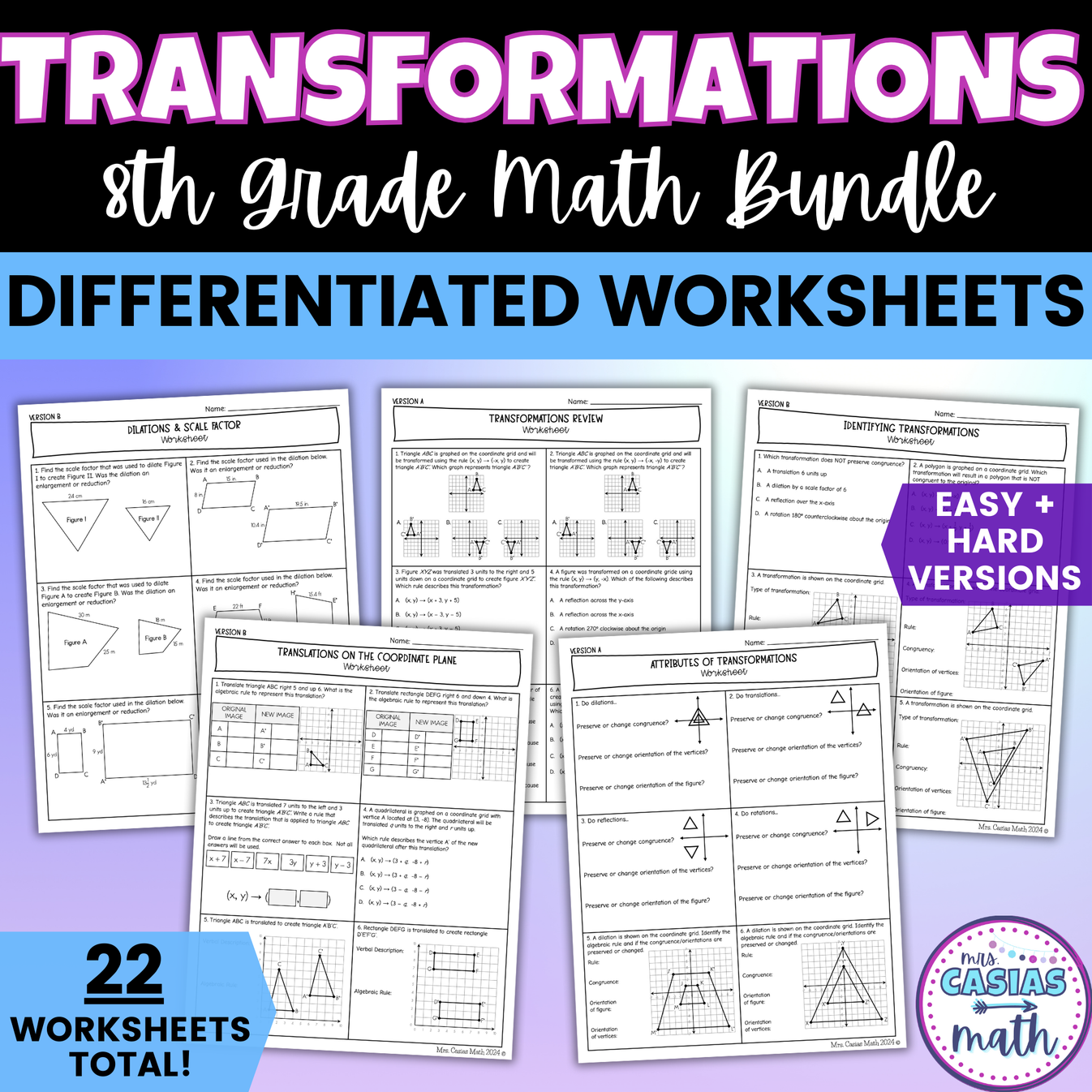 Transformations Differentiated Worksheets 8th Grade Math – Casias Math