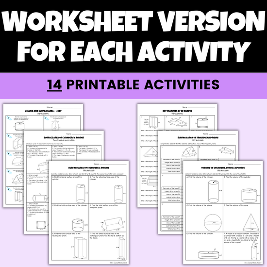 Volume and Surface Area Digital Activities and Worksheets 8th Grade Ma ...