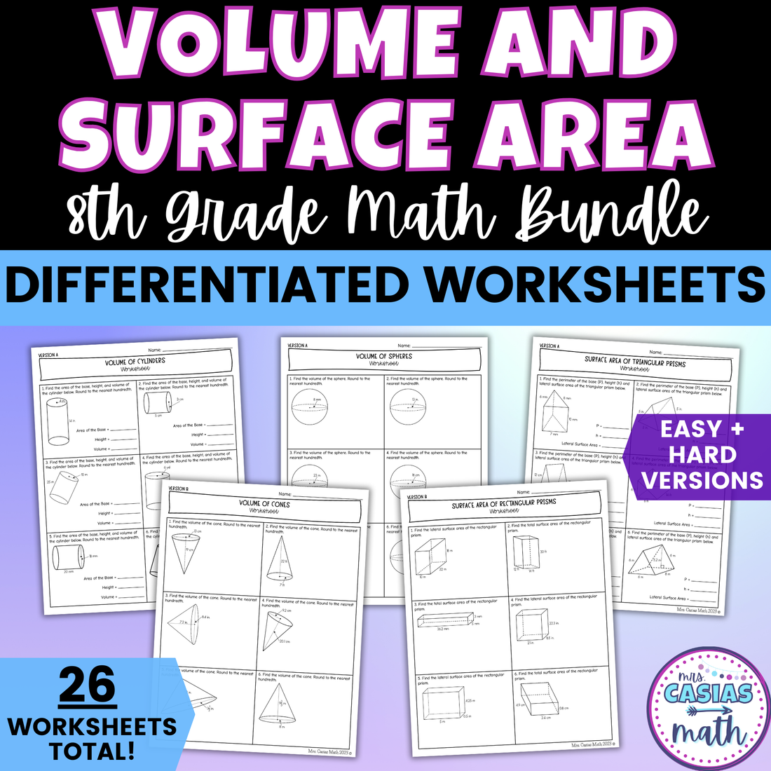 Volume and Surface Area Differentiated Worksheets 8th Grade Math ...